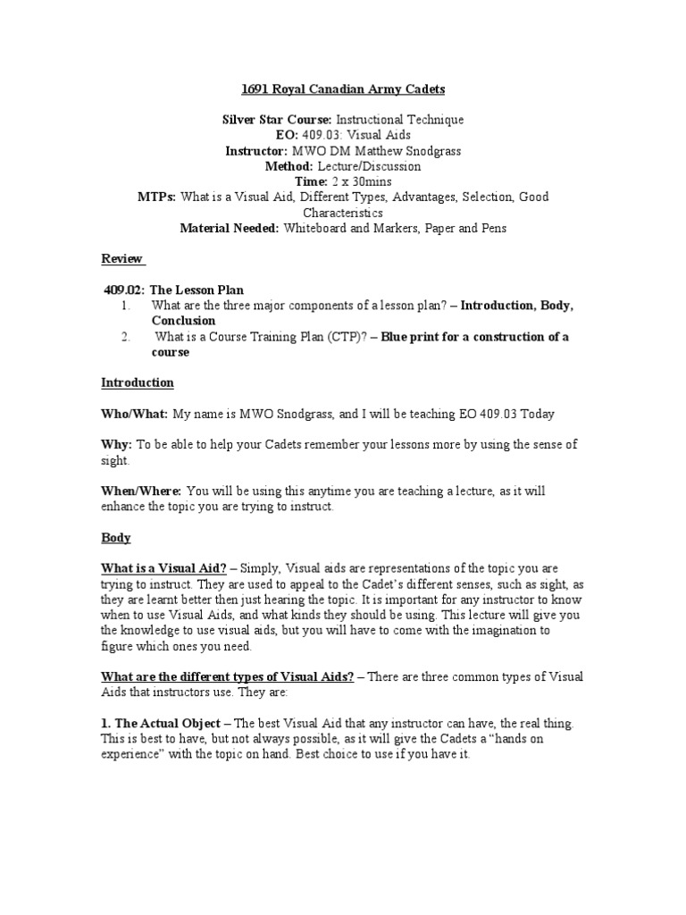 Lesson Plan (Cadets) - Visual Aids | PDF | Neuropsychological ...