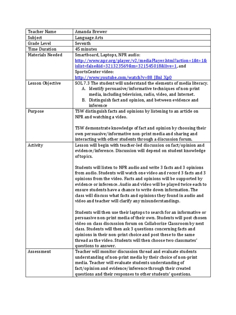 Media Literacy Lesson Plan for 7th Grade | PDF