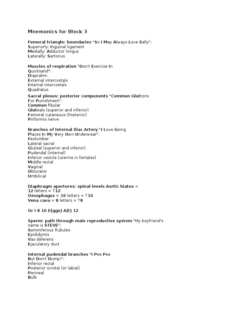 Mnemonics For Block 3 | PDF | Human Anatomy | Abdomen