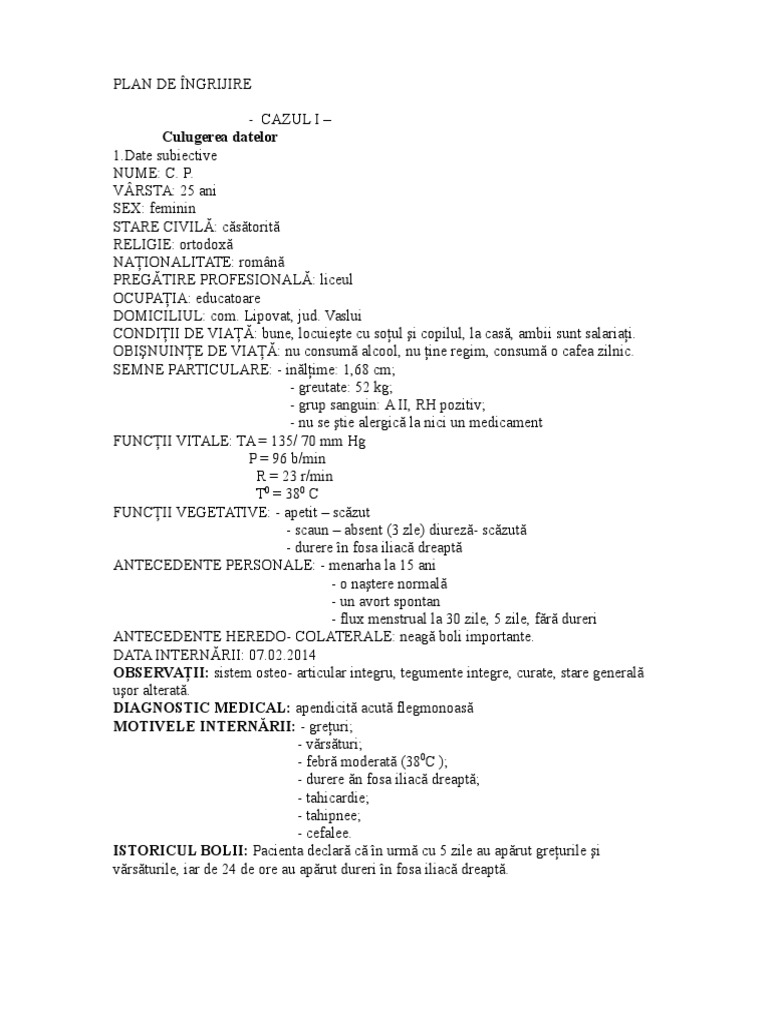 PLAN de ÎNGRIJIRE Apendicita | PDF