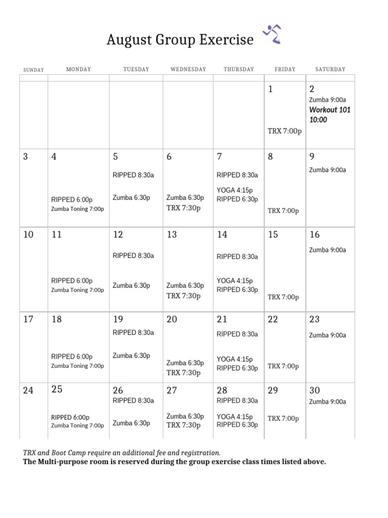 Group Ex Farmington August Calendar | PDF | Physical Exercise ...