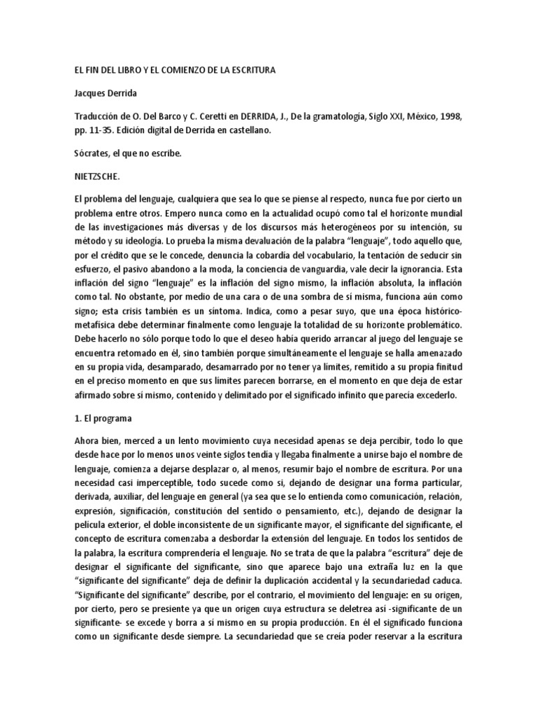 El Fin Del Libro y El Comienzo de La Escritura - Derrida | PDF | Verdad ...
