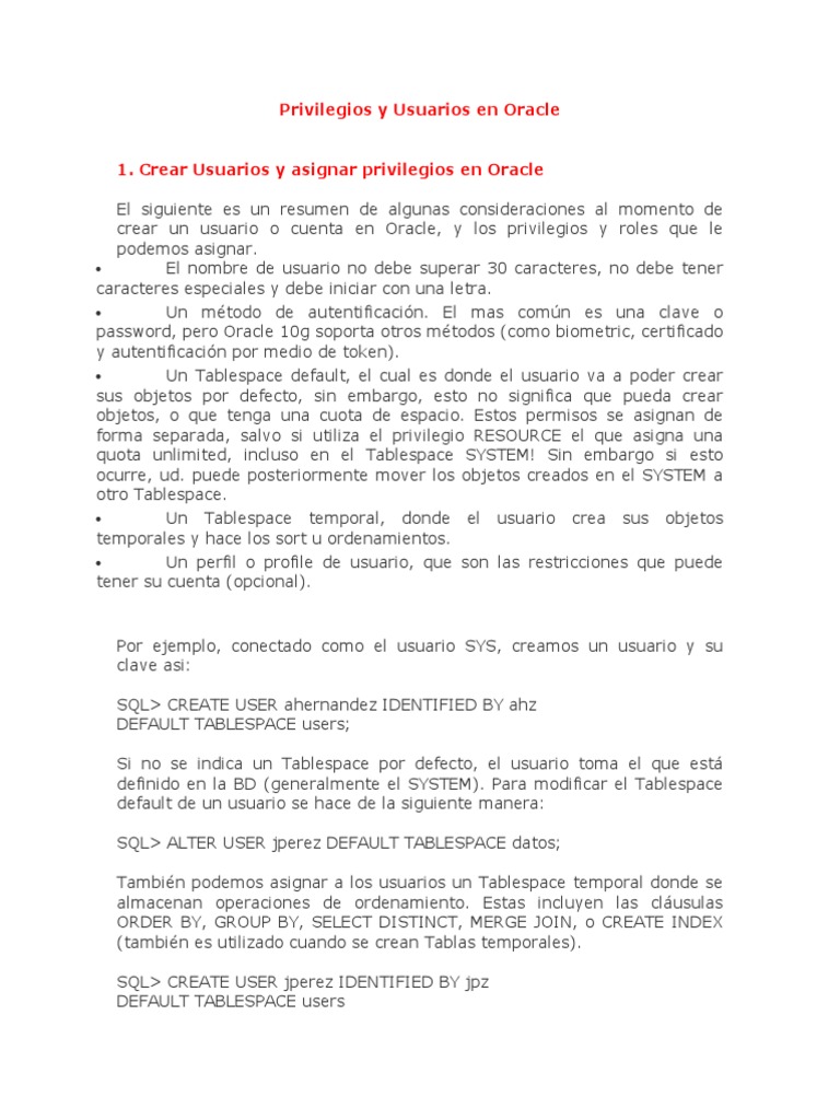 Creación y Gestión de Usuarios en Oracle | PDF | SQL | Tabla (base de datos)