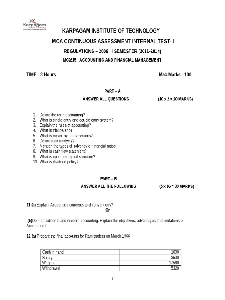 Karpagam Institute of Technology Mca Continuous Assessment Internal ...