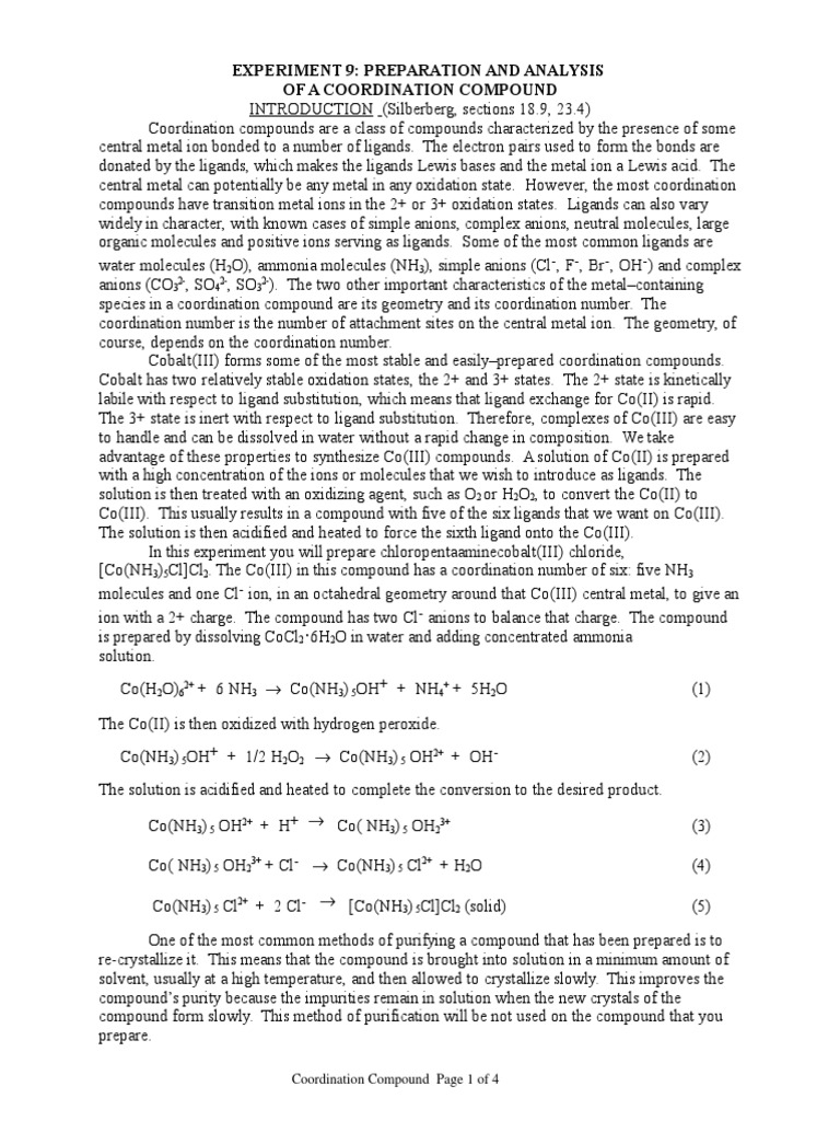 Experiment 9: Preparation and Analysis of A Coordination Compound | PDF ...