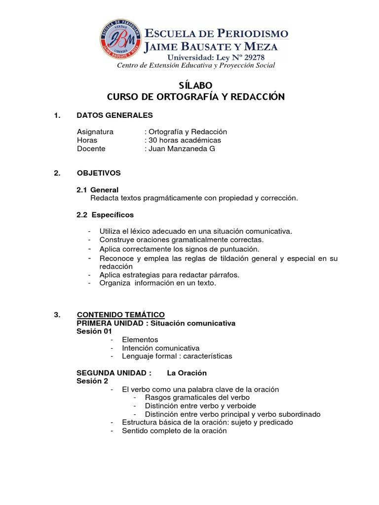 Sílabo de Ortografía y Redacción - Agosto | PDF | Oración (Lingüística ...