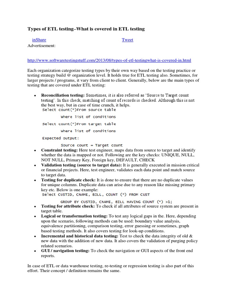 Types of ETL Testing | PDF | Data Warehouse | Data Management