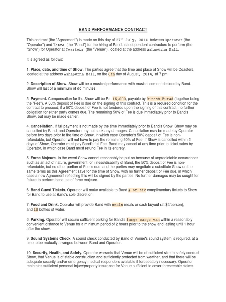 Band Performance Contract | PDF | Arbitration | Fee