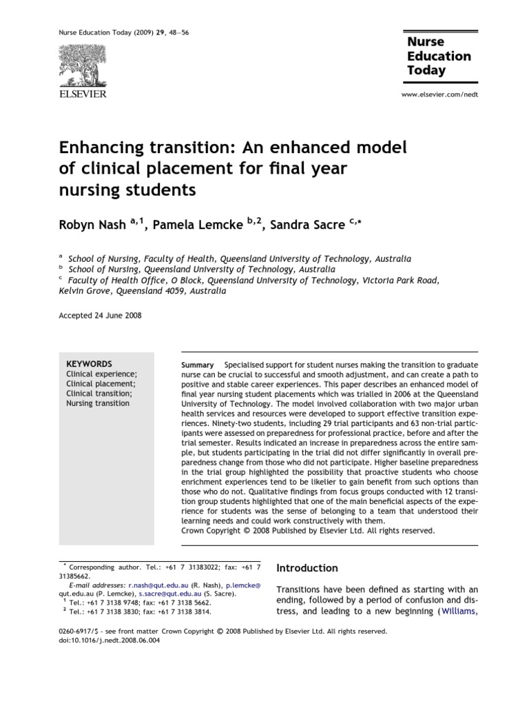 Enhancing Transition: An Enhanced Model of Clinical Placement For Final ...