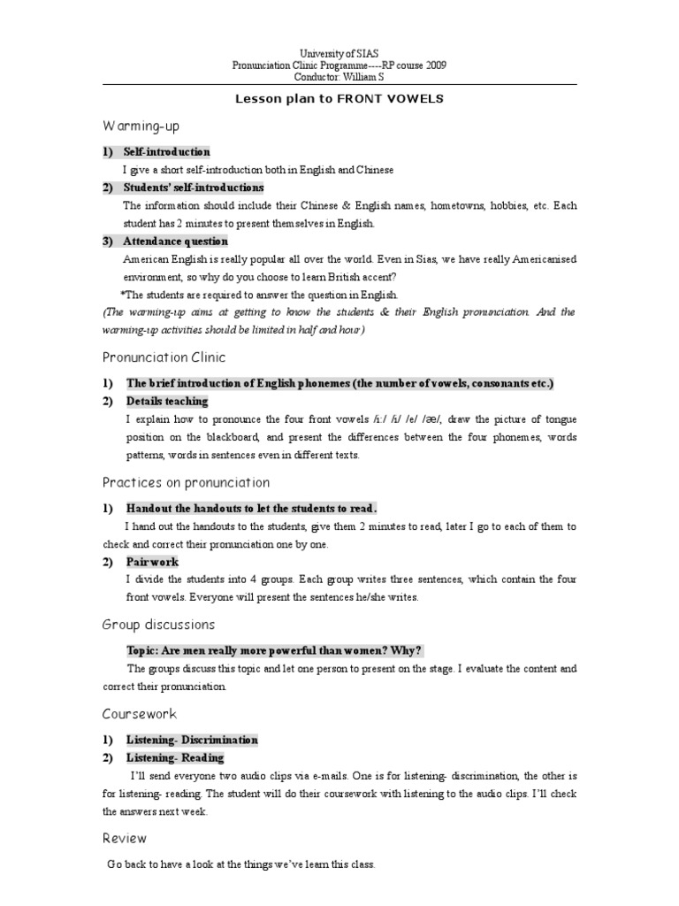 Lesson Plan To FRONT VOWELS | PDF