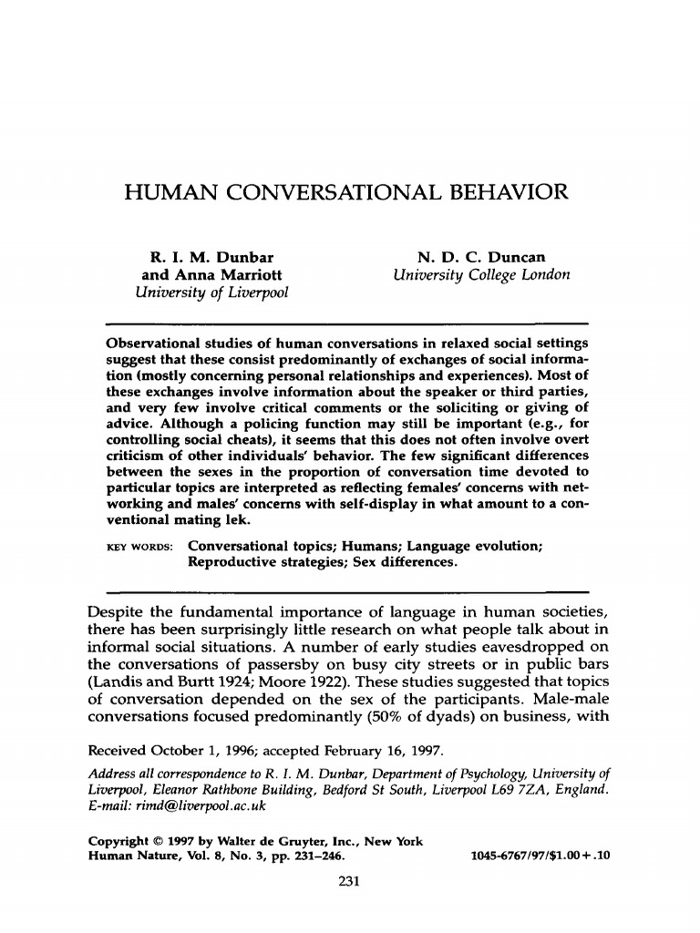 Dunbar, Duncan, and Marriot. 1997. Human Conversational Behavior | PDF ...