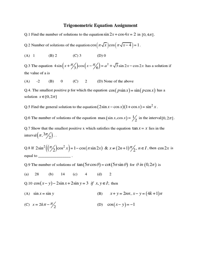 Trigonometric Equations Assignment | PDF | Trigonometric Functions | Sine