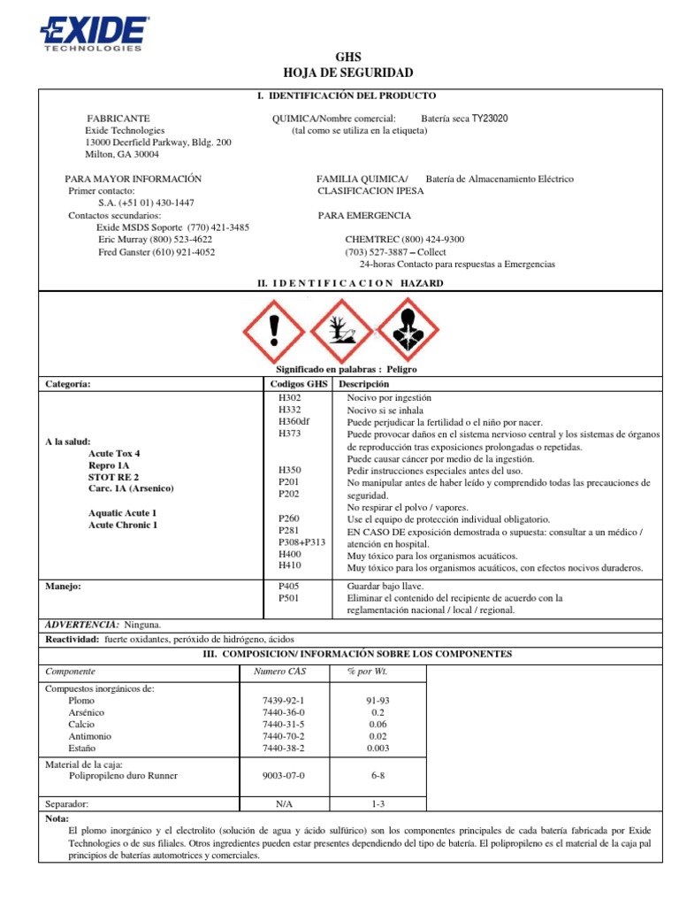 MSDS Ty23020 | PDF | Batería (electricidad) | Dirigir