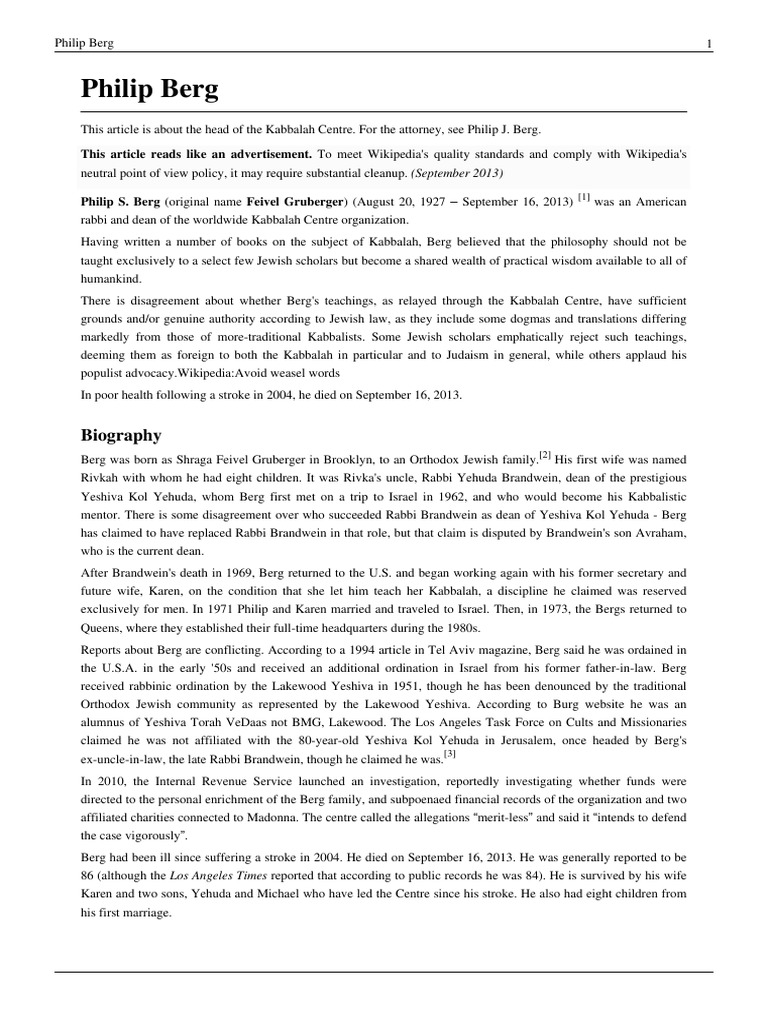 Philip Berg Biography | PDF | Ethnoreligious Groups | Jews And Judaism