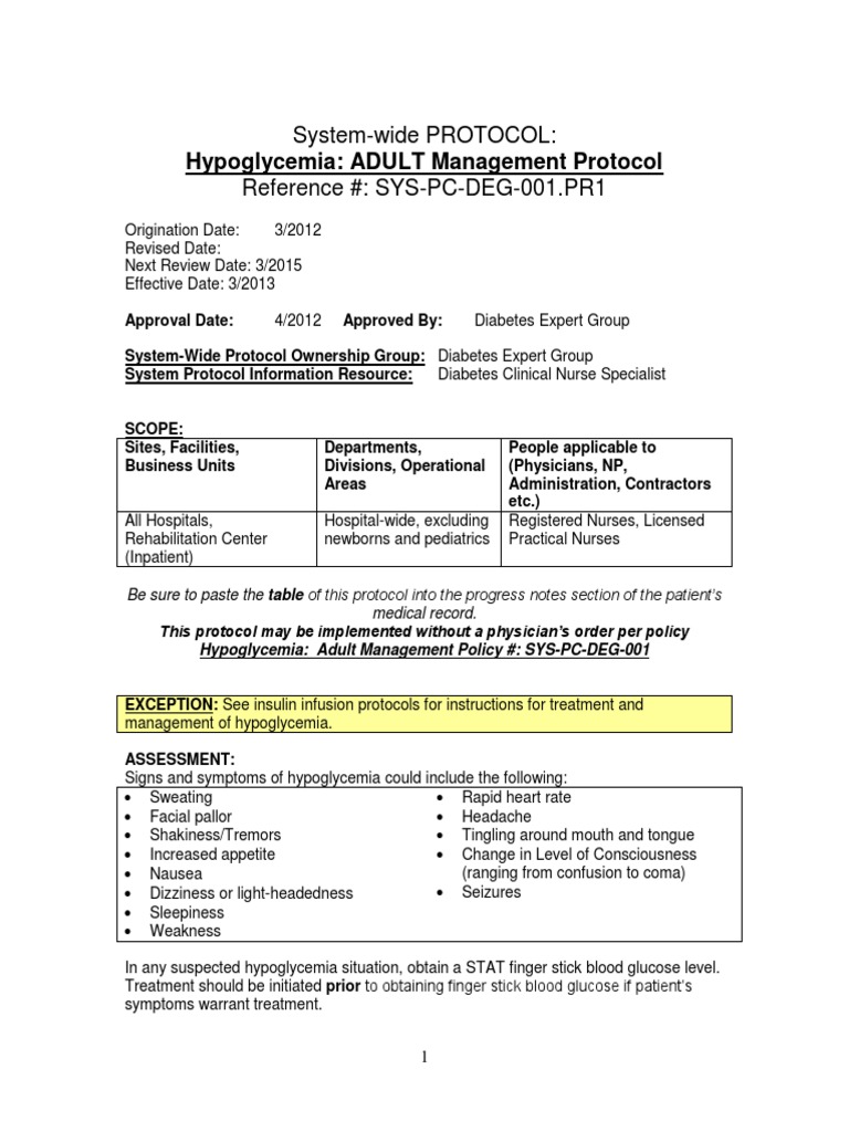 Adult Hypoglycemia Management Protocol | PDF | Hypoglycemia | Diabetes ...