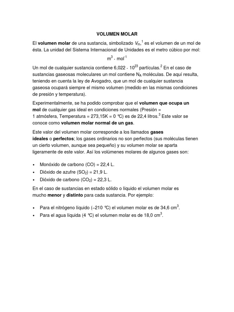 Definición y Cálculo del Volumen Molar | PDF | Mole (Unidad) | Gases