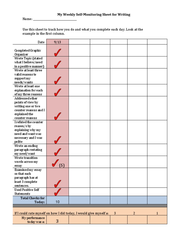 Weekly Writing Self-Monitoring Sheet | PDF