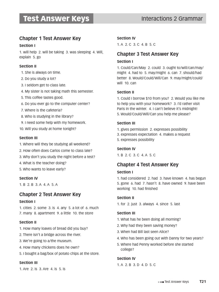 Test Answer Keys: Interactions 2 Grammar | PDF