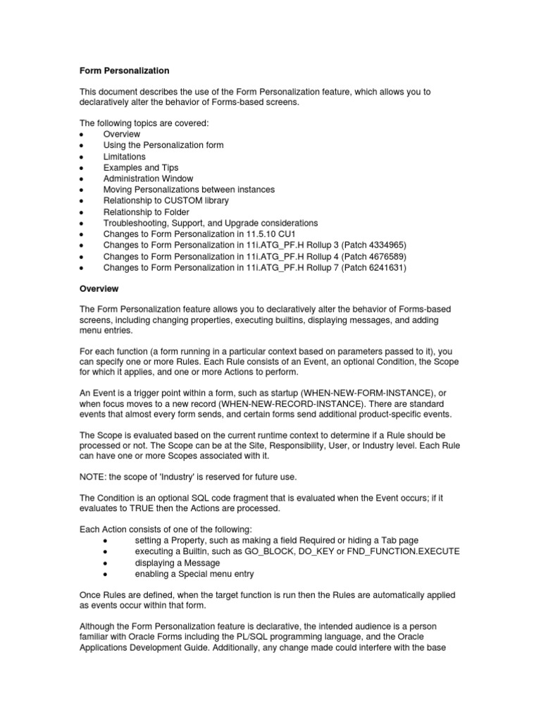 Oracle 11i Form Personalization | PDF | Parameter (Computer Programming) | Variable (Computer ...