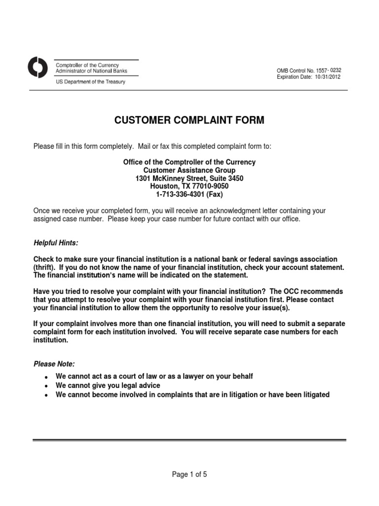 OCC Complaint Form | PDF | Savings And Loan Association | Office Of The ...