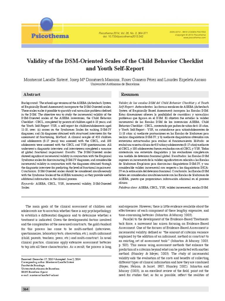 Validity of The DSM-Oriented Scales of The Child Behavior Checklist and Youth Self-Report | PDF ...