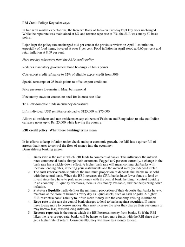 RBI Credit Policy | PDF | Reserve Bank Of India | Macroeconomics