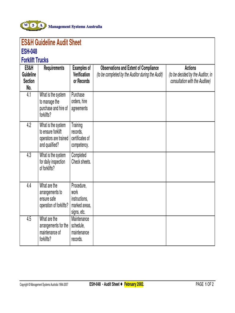 Forklift Audit Sheet ESH-048 | PDF | Technology & Engineering