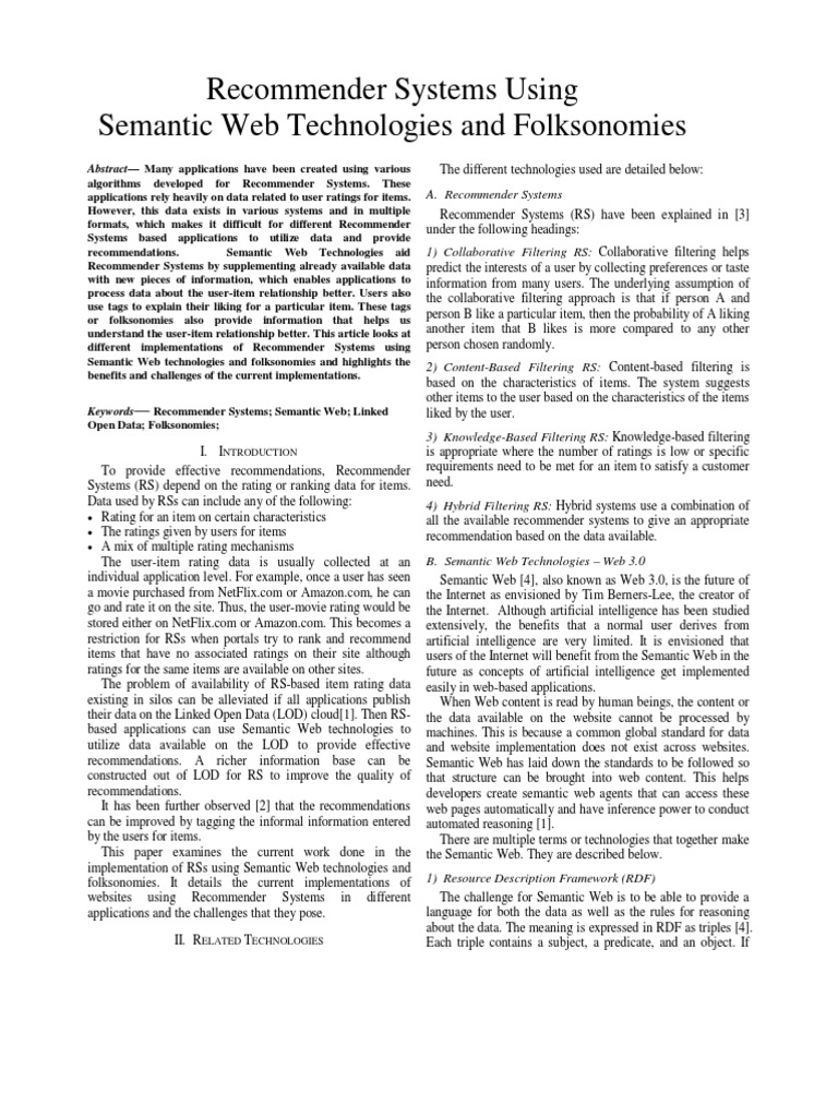 Recommender Systems Using Semantic Web Technologies and Folksonomies | PDF | Semantic Web ...