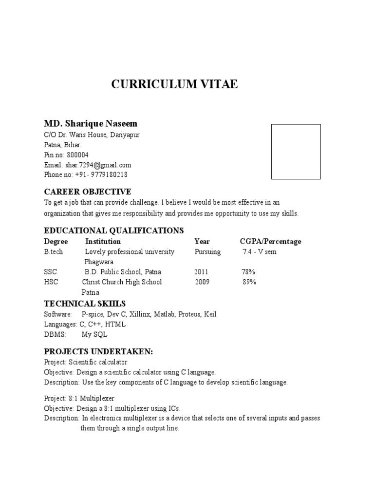 Curriculum Vitae: MD. Sharique Naseem | PDF | Home & Garden | Art
