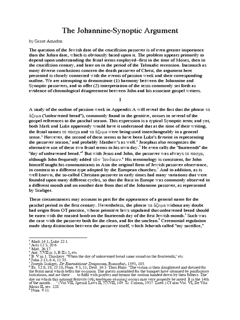 Grace Amadon - The Johannine-Synoptic Argument | PDF | Passover ...