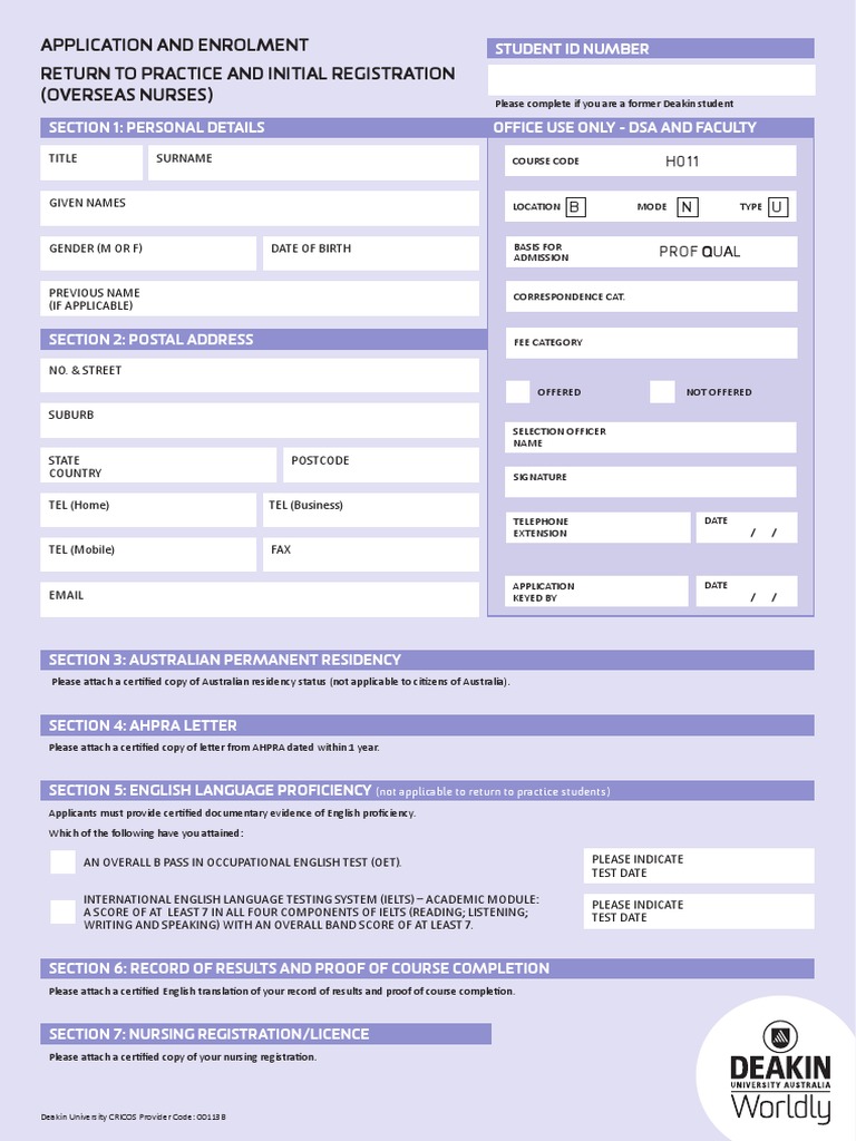 Deakin University Nursing Application Form | PDF