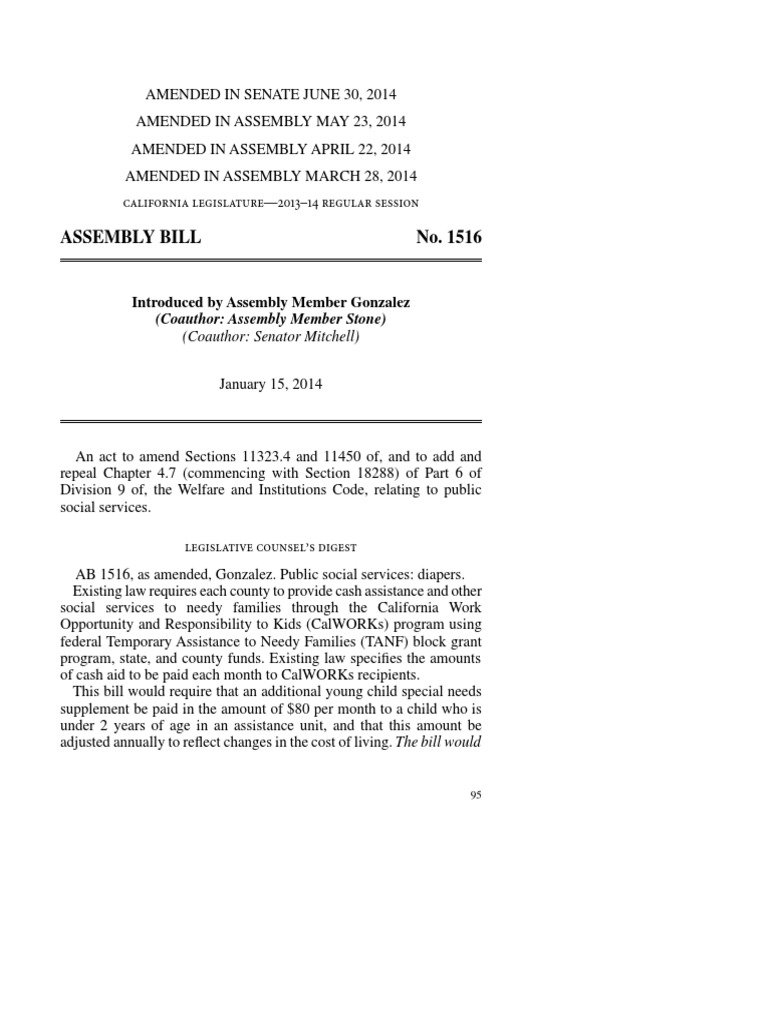 CA AB 1516: California Welfare Diapers Bill | PDF | Homelessness ...