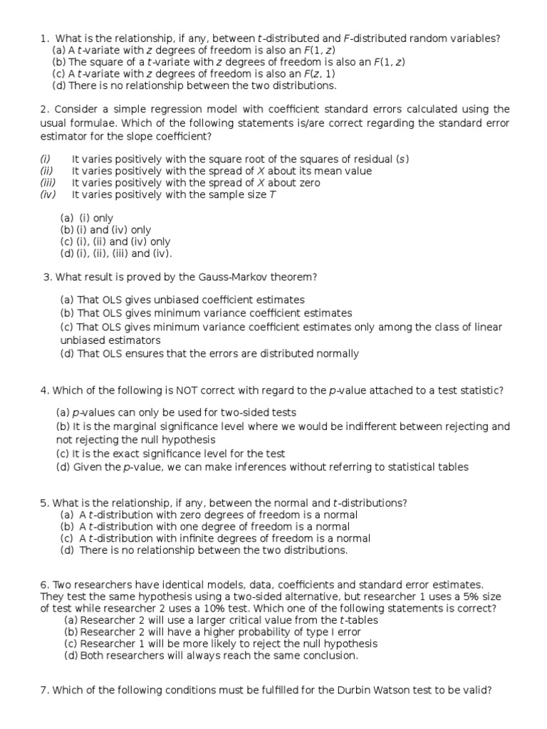 Multiple Choice Sample Questions | PDF | Errors And Residuals | Degrees Of Freedom (Statistics)