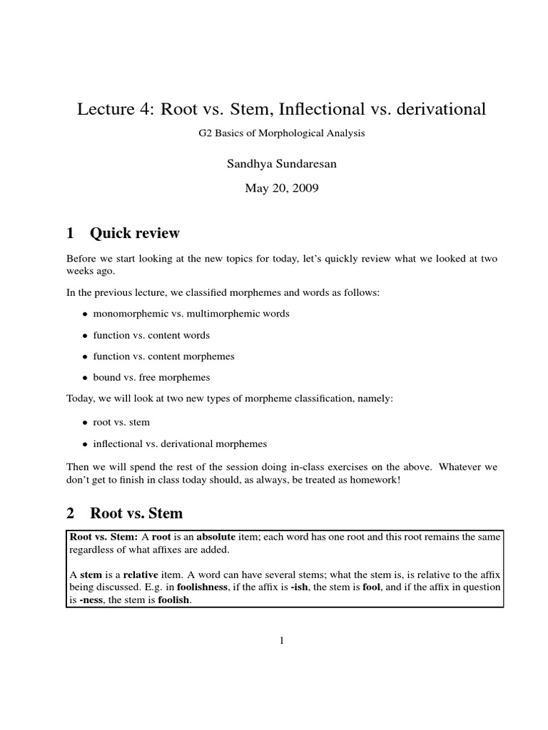 Stem Vs Root Morphemes | PDF | Word | Adjective