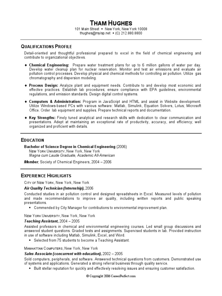 Student Graduate Chemical Engineer Sample Resume | PDF | Chemical ...