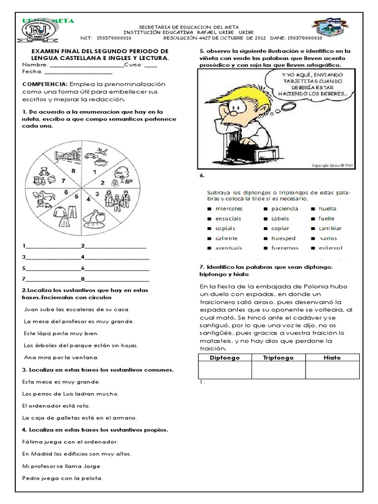 Examen Final Del Segundo Periodo de Lengua Castellana y Lectura | PDF ...