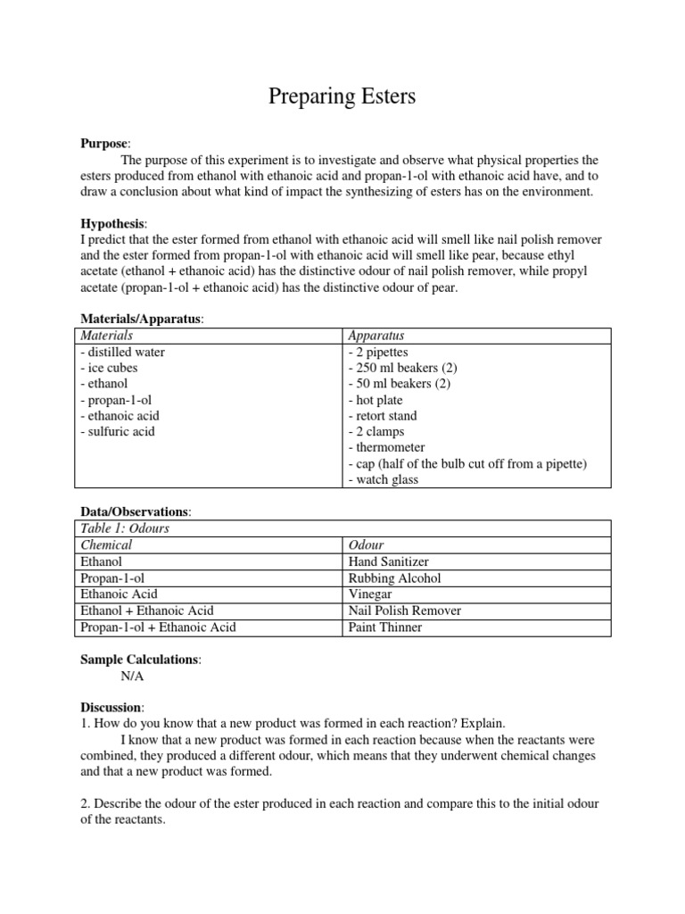 Preparing Esters Lab - Synthesizing Ethyl Acetate & Propyl Acetate | PDF | Acetic Acid | Ethanol