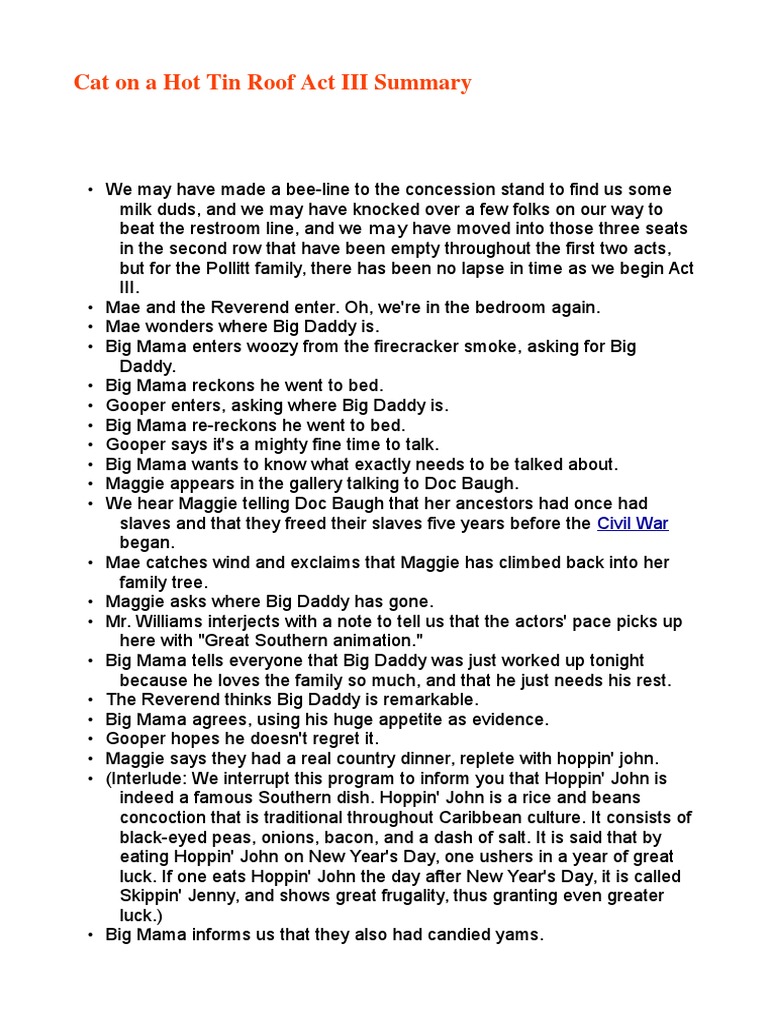 Cat On A Hot Tin Roof Act 3 Summary | PDF
