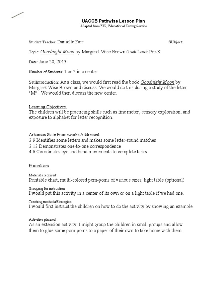 Goodnight Moon Lesson Plan for Pre-K | PDF