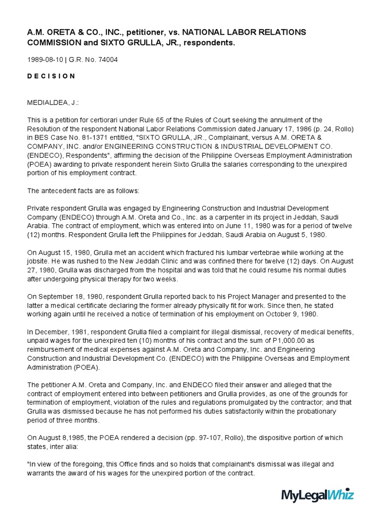 Grulla vs. A.M. Oreta: Employment Dispute | PDF | Employment | Labour Law