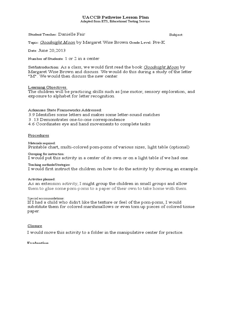 Goodnight Moon by Margaret Wise Brown: UACCB Pathwise Lesson Plan | PDF