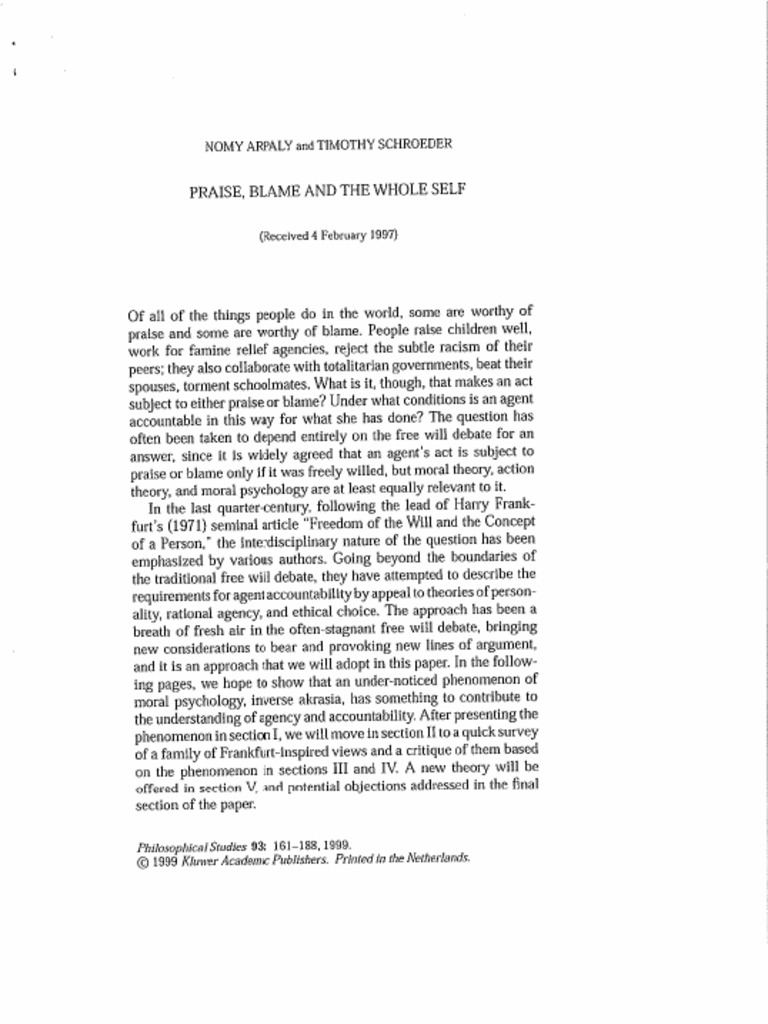 Arpaly & Schroeder 1997 - Praise, Blame and The Whole Self | PDF