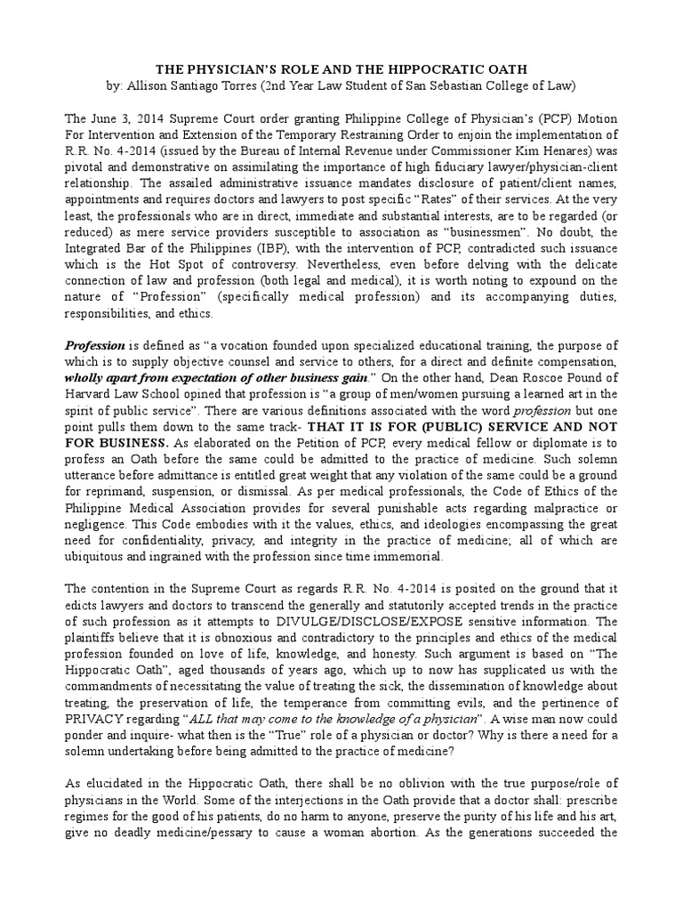The Physician'S Role and The Hippocratic Oath | PDF | Physician ...