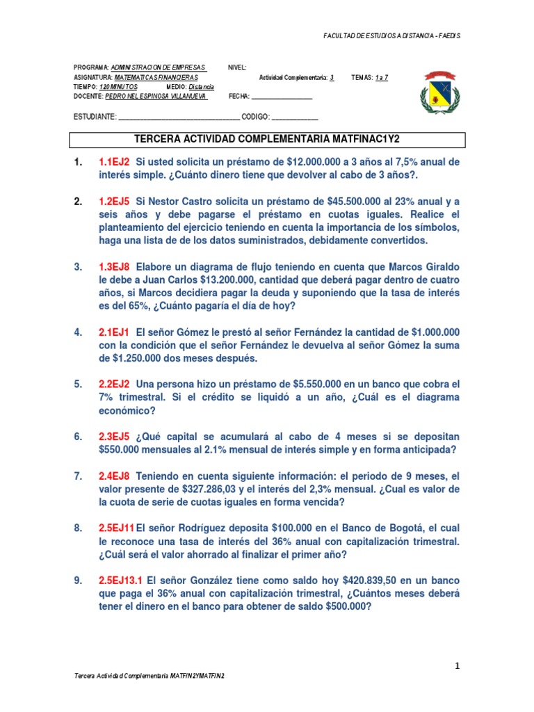 Tercera Actividad Complementaria MAT FIN1 | PDF | Interés | Tasas de interés