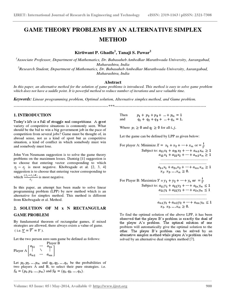 Game Theory Problems By An Alternative Simplex Method Pdf Linear Programming Mathematical 