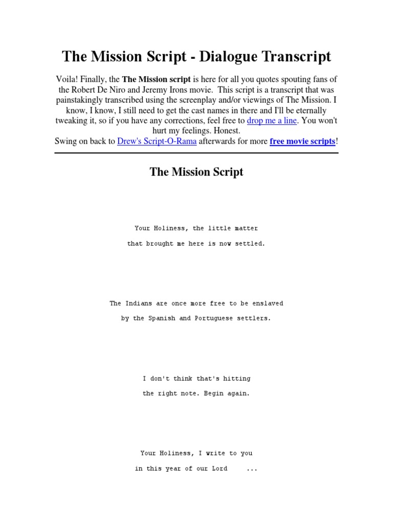 The Mission Movie Script Transcript | PDF | Society Of Jesus | Catholic ...