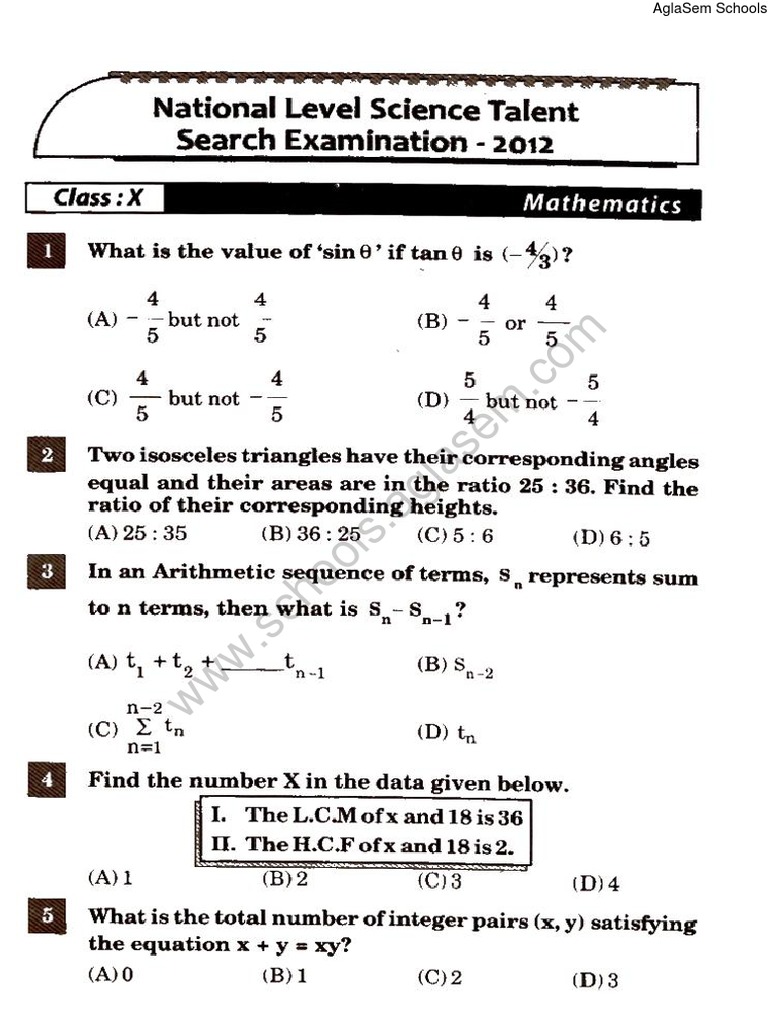 NSTSE 2012 Question Paper for Class 10