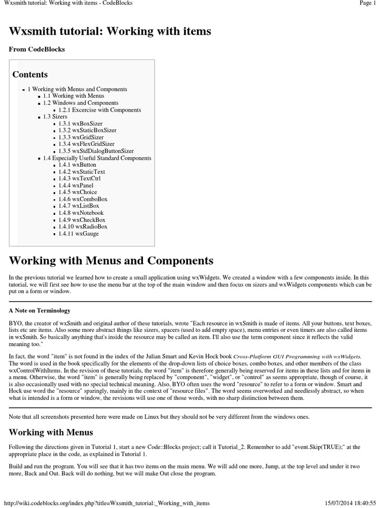 Wxsmith Tutorial - Working With Items - CodeBlocks | PDF | Page Layout | Menu (Computing)