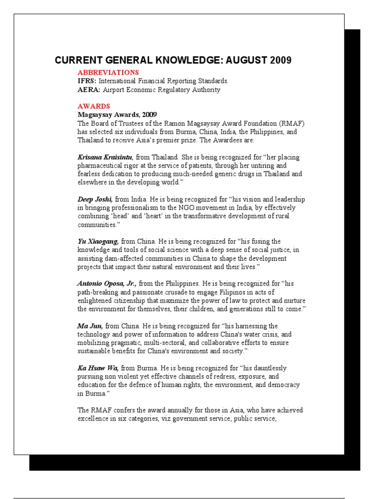 Current General Knowledge: August 2009 | PDF | Nature