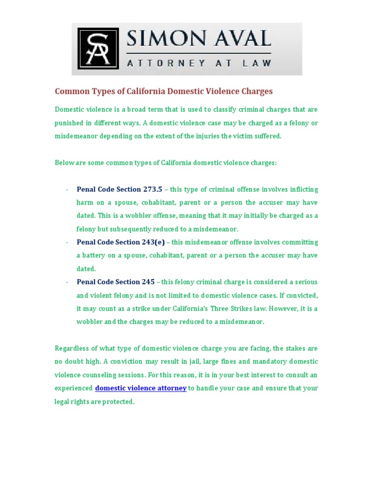 Common Types Of California Domestic Violence Charges July Pdf